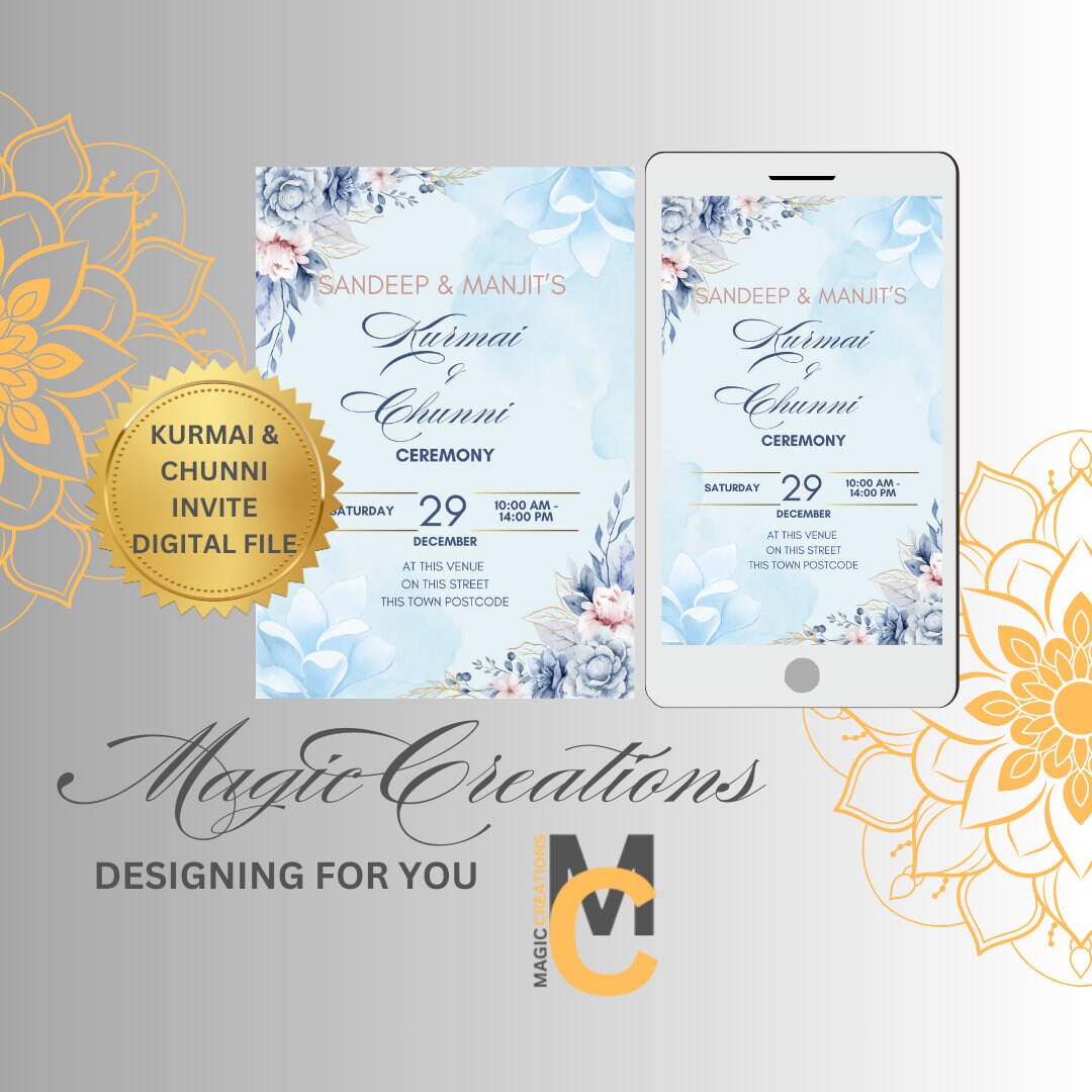 Wedding Engagement Invitation, Sikh, Hindu, Punjabi Chunni and Kurmai ...