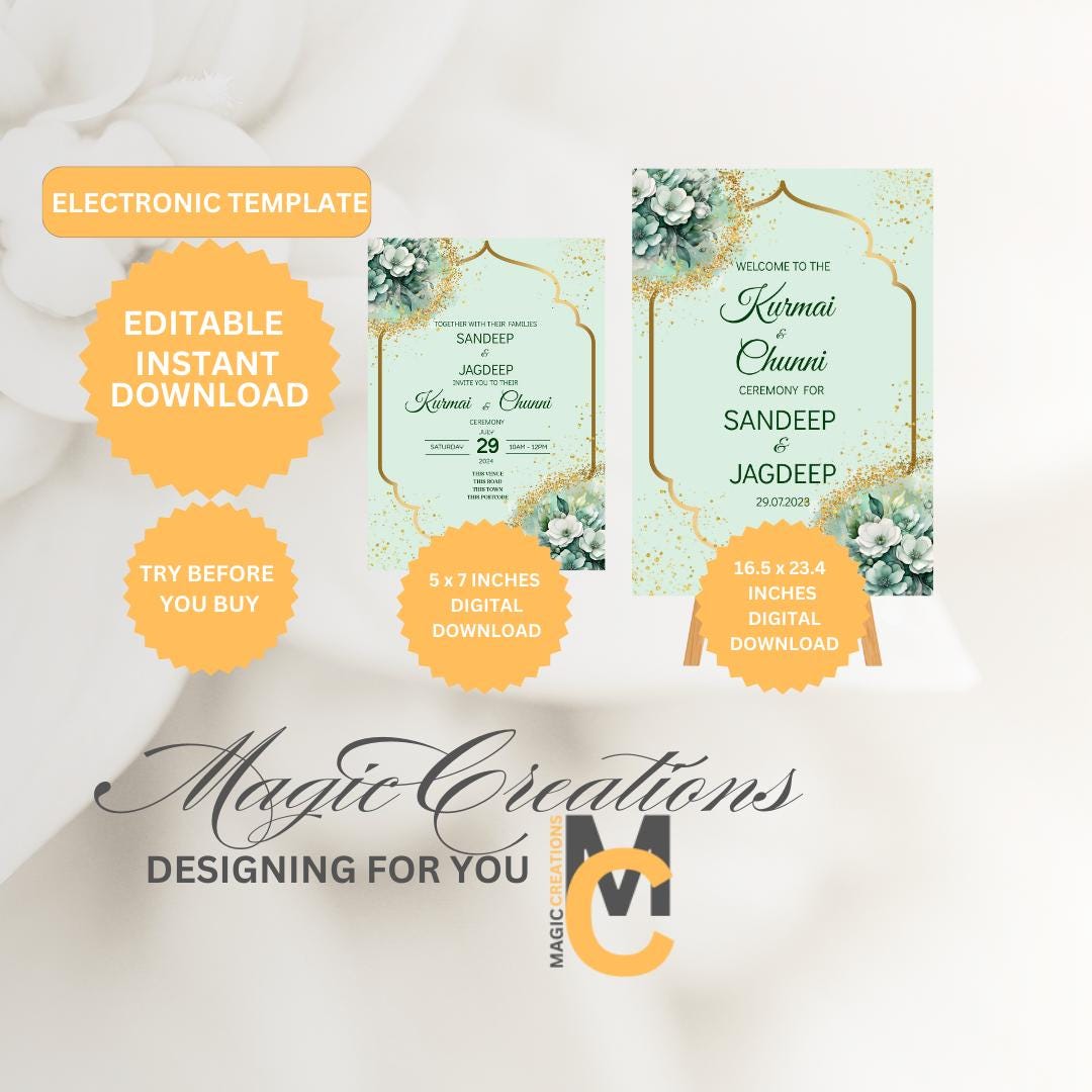 Kurmai & Chunni Invitation, A2 Welcome Sign, Punjabi Chunni and Kurmai ...