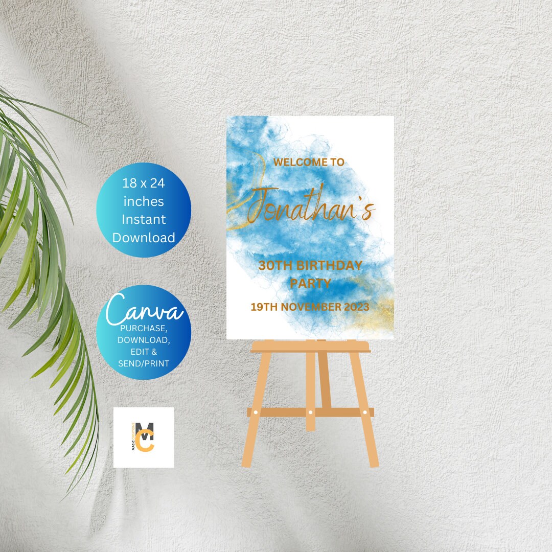 Editable Party Welcome Sign Blue and Gold 21 30 40 50 60 - Etsy