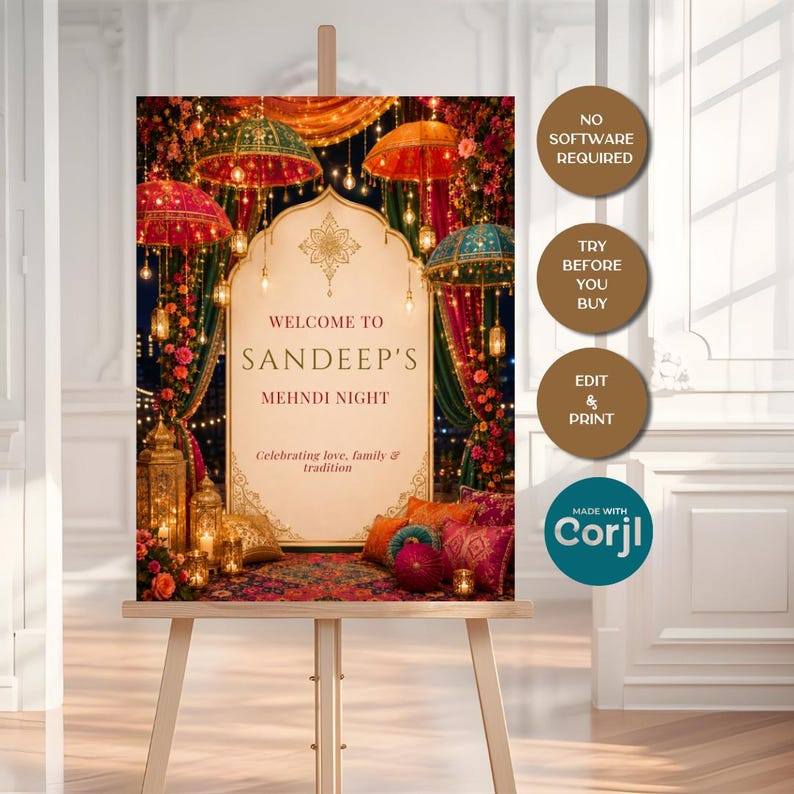 Mehndi Welcome Sign Template, Editable Indian Wedding Sign, Colourful ...