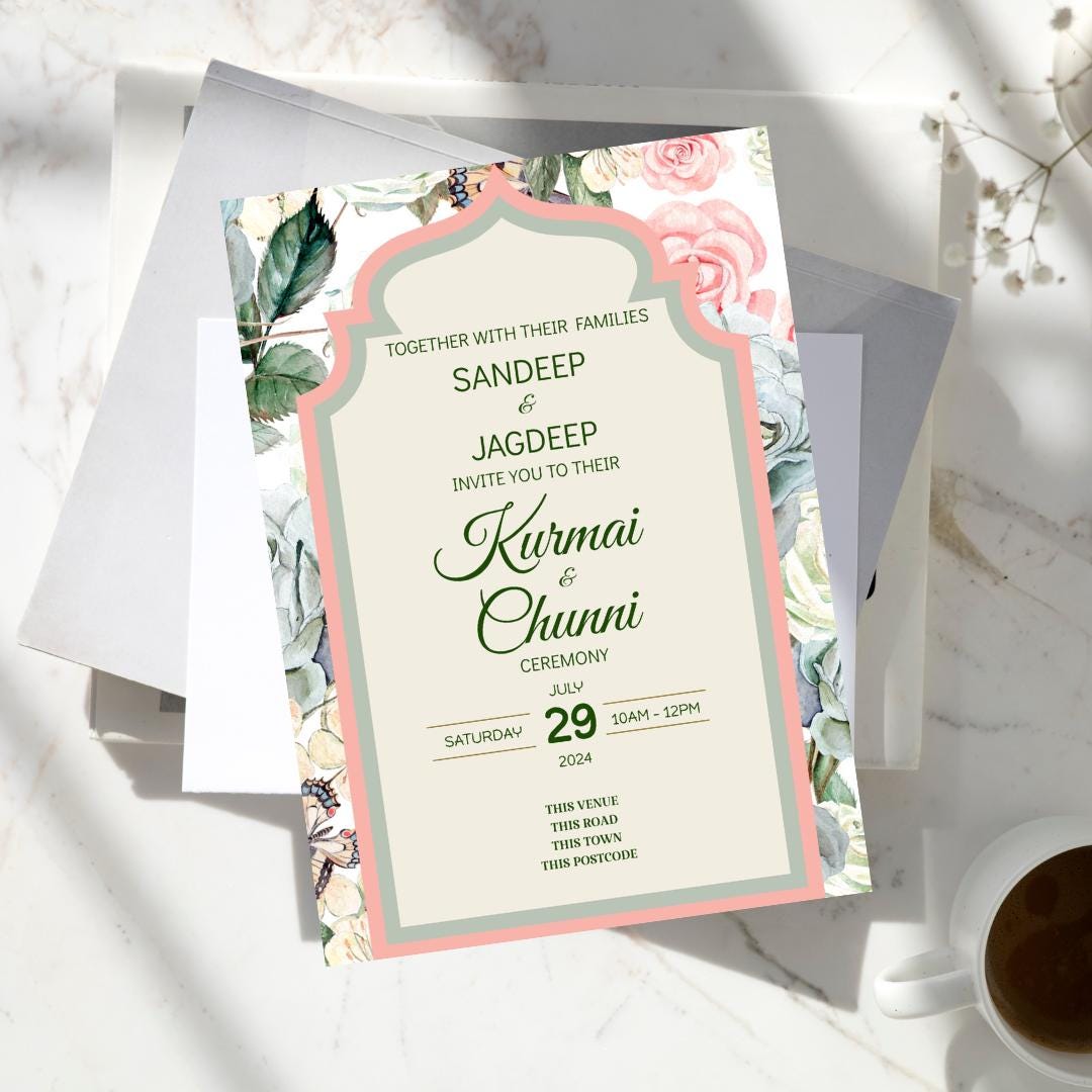 Wedding Engagement Invitation, Sikh, Hindu, Punjabi Chunni and Kurmai ...