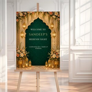 Mehendi Welcome Sign Template, Editable Indian Wedding Sign, Green Gold ...