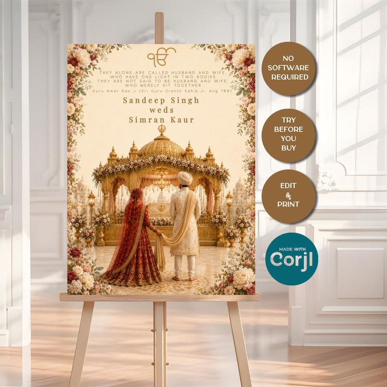 Sikh Anand Karaj Welcome Sign, Punjabi Wedding Sign, Gurdwara Wedding ...