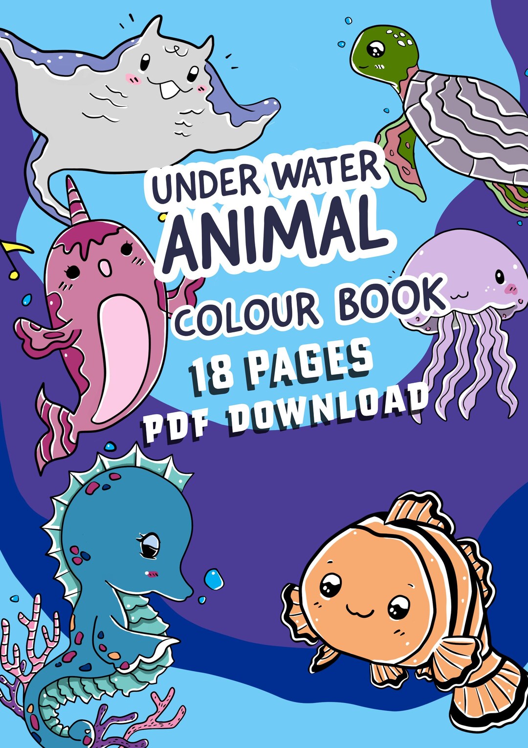 18 Pages Under Water Animal Colouring Book // PDF File // Fun and ...