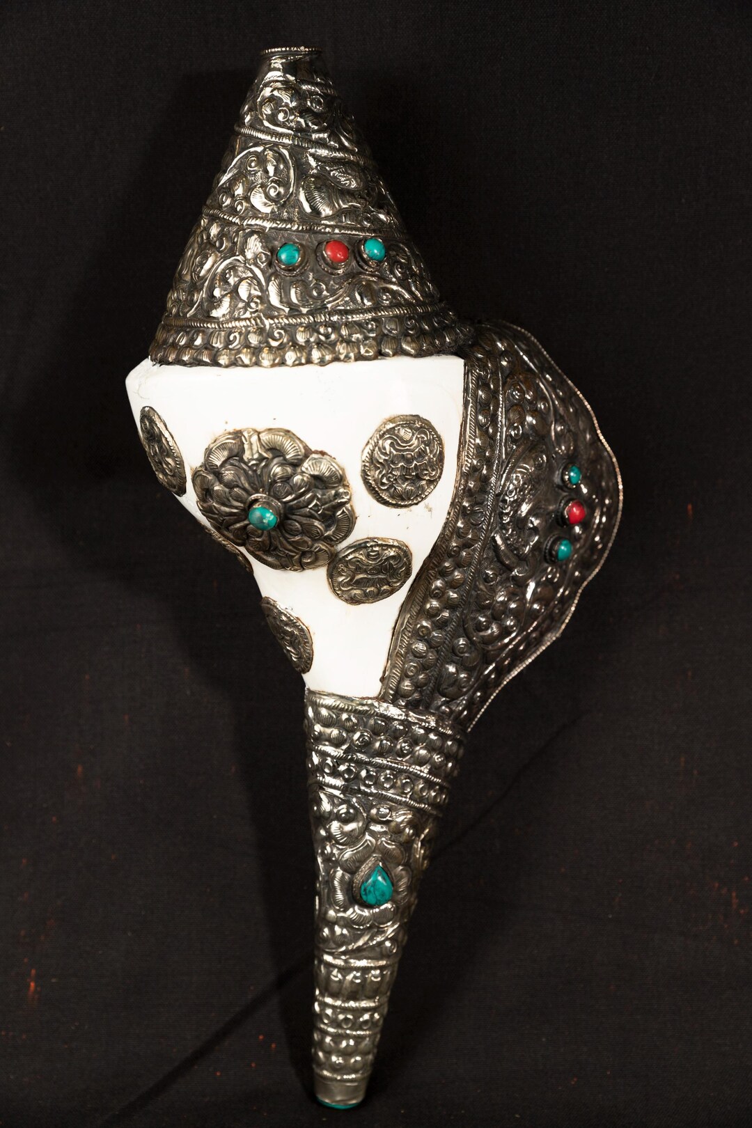 Antique Tibetan Double Vajra Inlay Right Conch Shell Trumpet Instrument ...