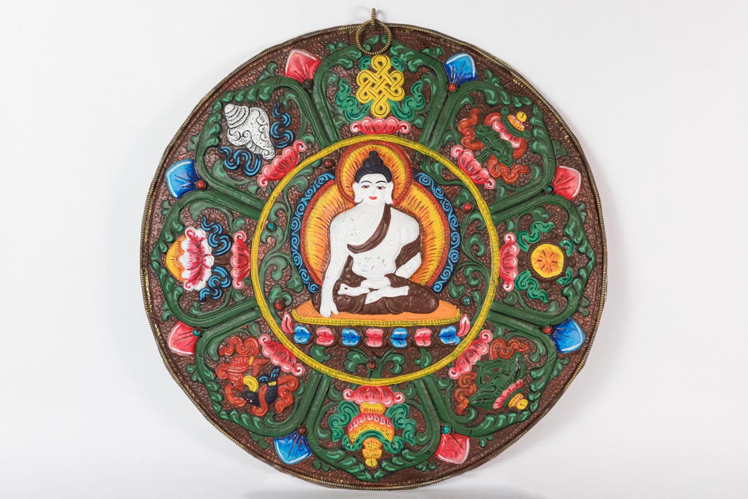 16” Colored Brass Tibetan Buddha Mandala Wall Hanging With Asta Mangal ...
