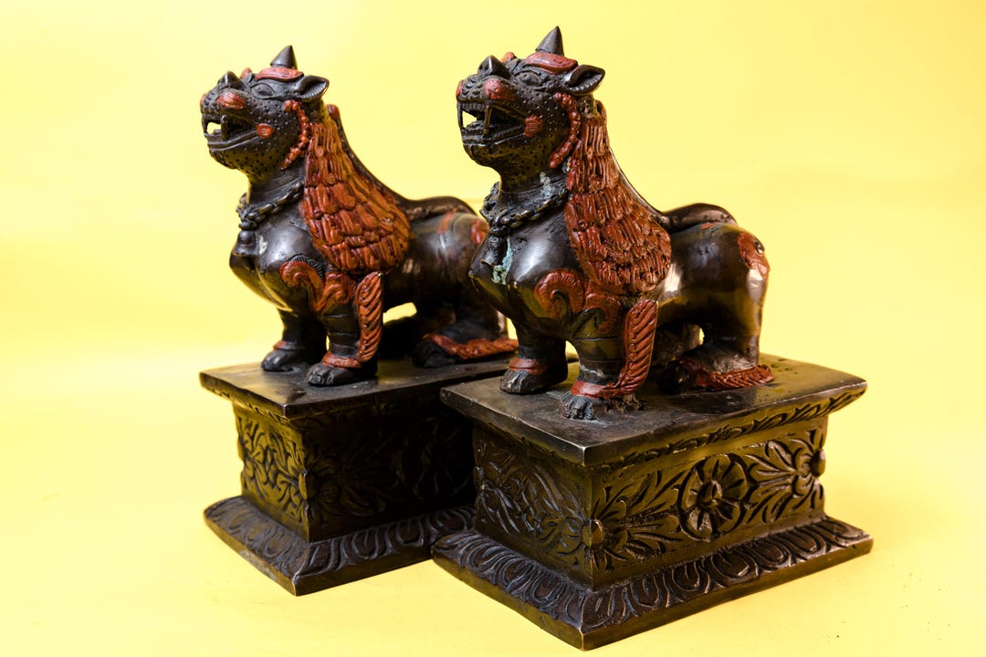 8” Oxidized Pair of Tibetan Snow Lions Also Known Guard Dogs Sitting on ...