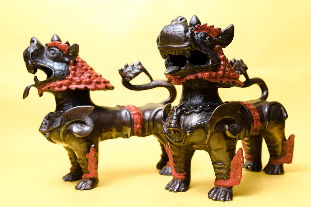 5” Oxidized Pair of Tibetan Snow Lions Also Known Guard Dogs Handmade ...