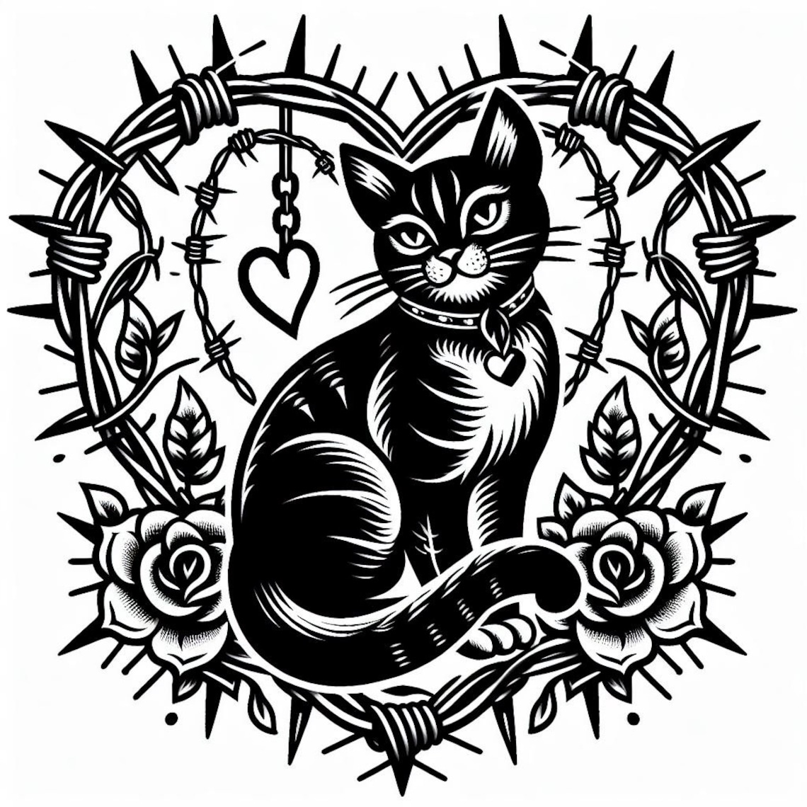 Old School Cat Tattoo Cute Barbed Wire Heart Design - Etsy