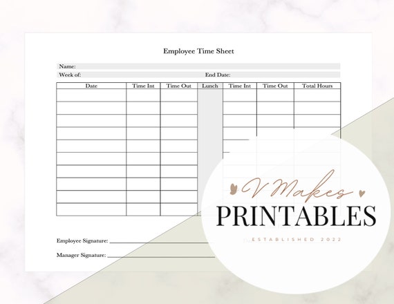 Printable Employee Timesheet With Lunch Break PDF File 2 - Etsy