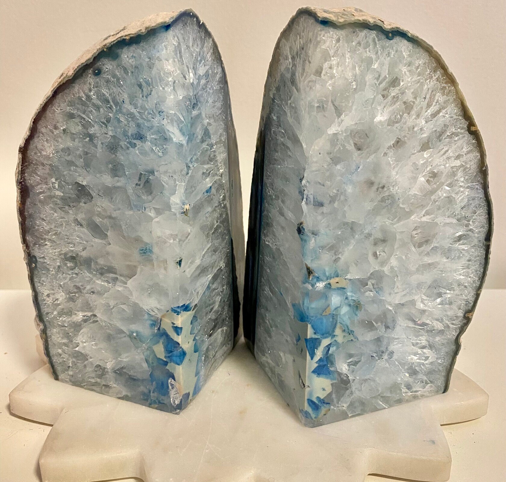 Blue Geode Agate Bookends With Large Crystals 6.5