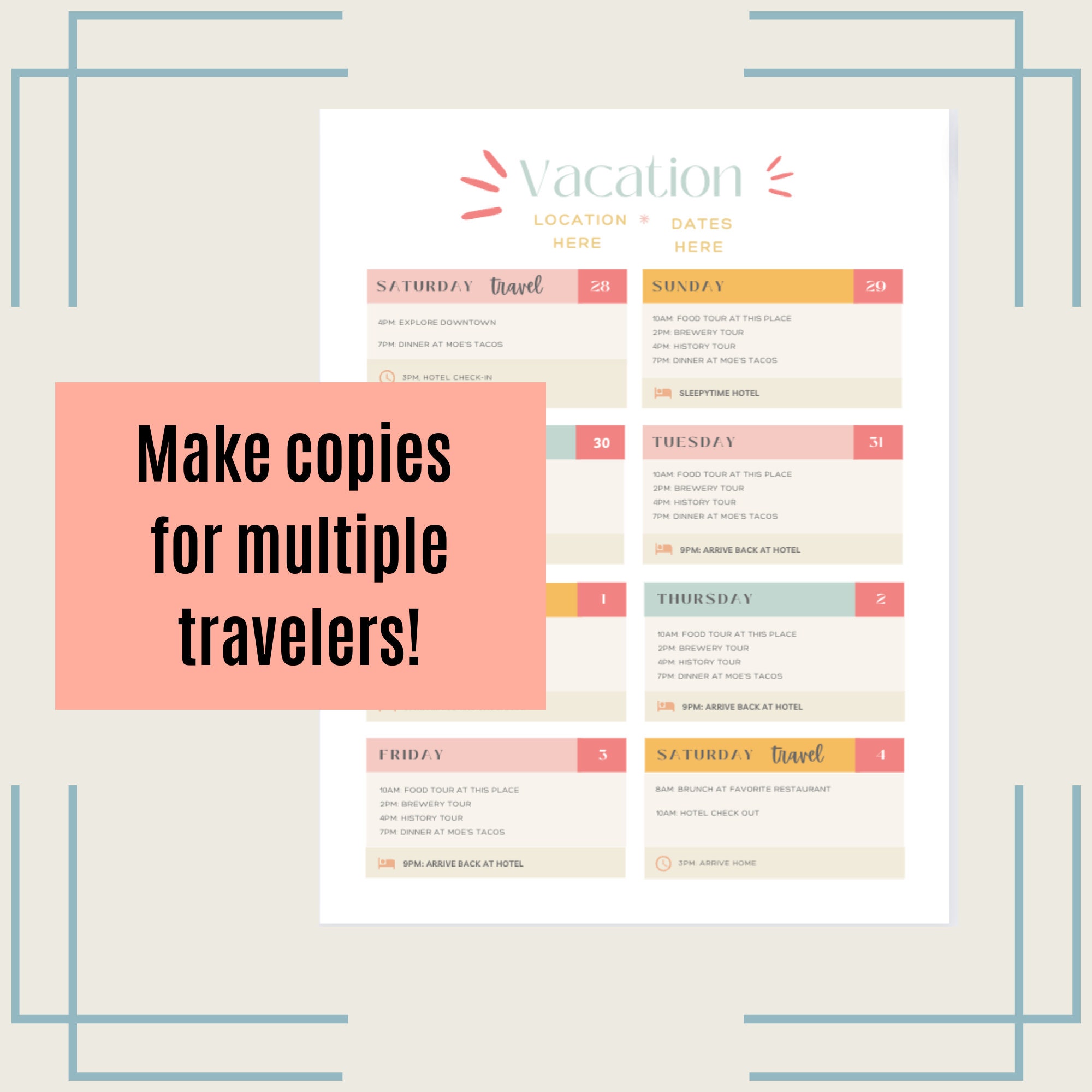Vacation Itinerary Planner Printable Editable in Canva Travel Planner ...