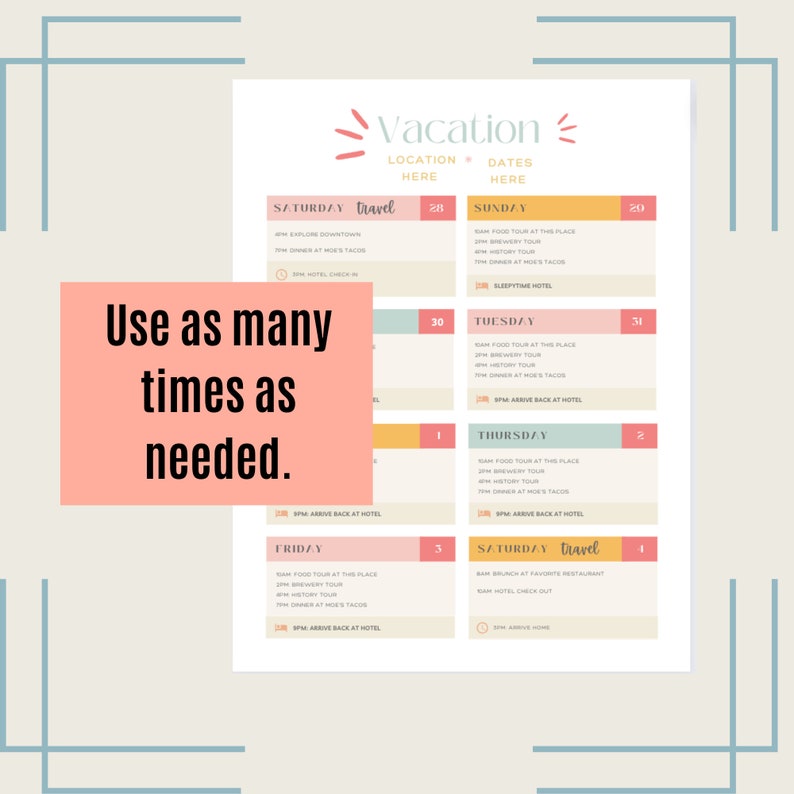 Vacation Itinerary Planner Printable Editable in Canva Travel Planner ...
