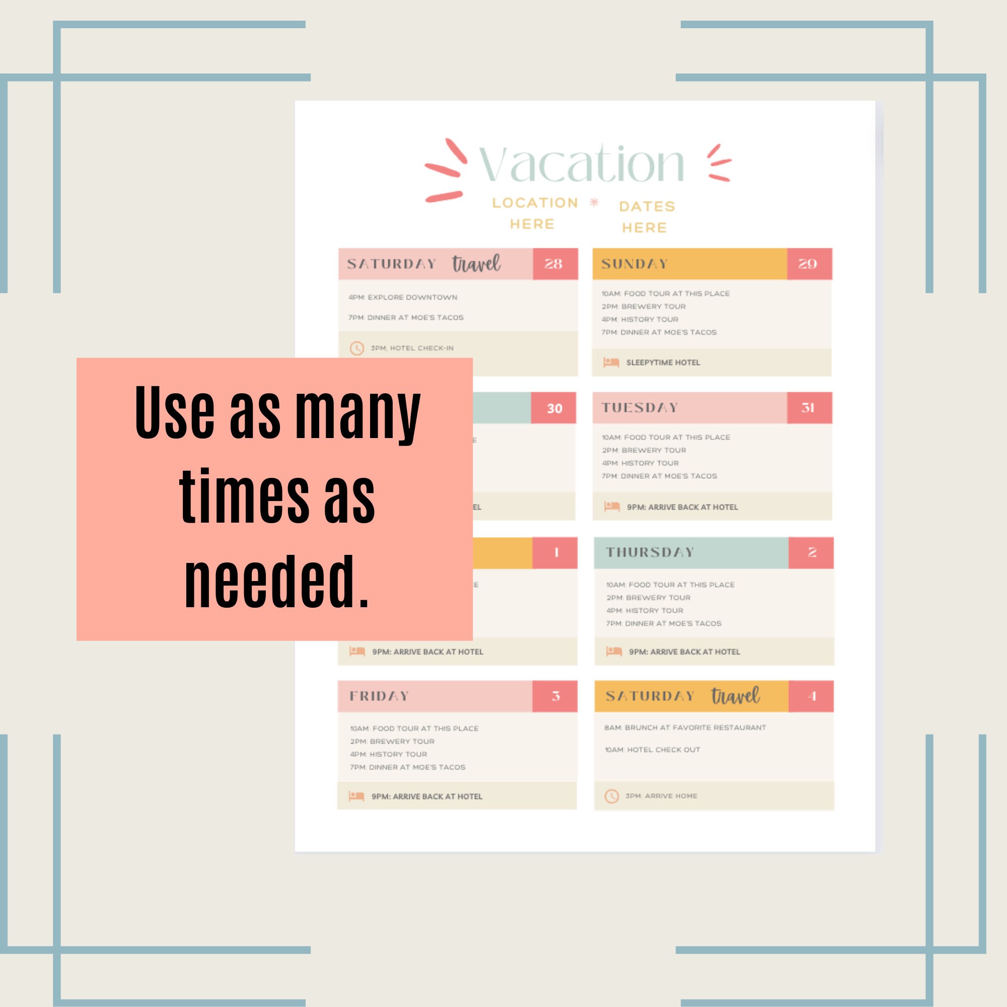 Vacation Itinerary Planner Printable Editable in Canva Travel Planner ...