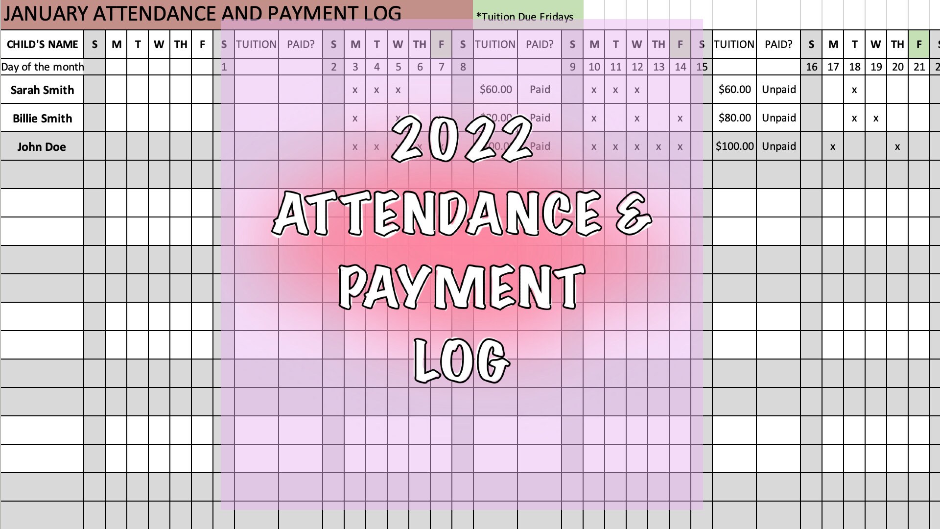 Home Daycare Attendance and Payment Log - Etsy