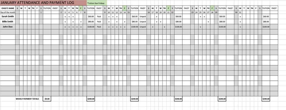 Home Daycare Attendance and Payment Log - Etsy