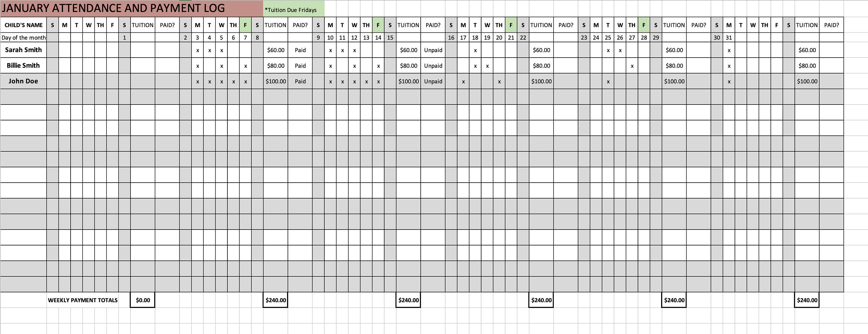 Home Daycare Attendance and Payment Log - Etsy