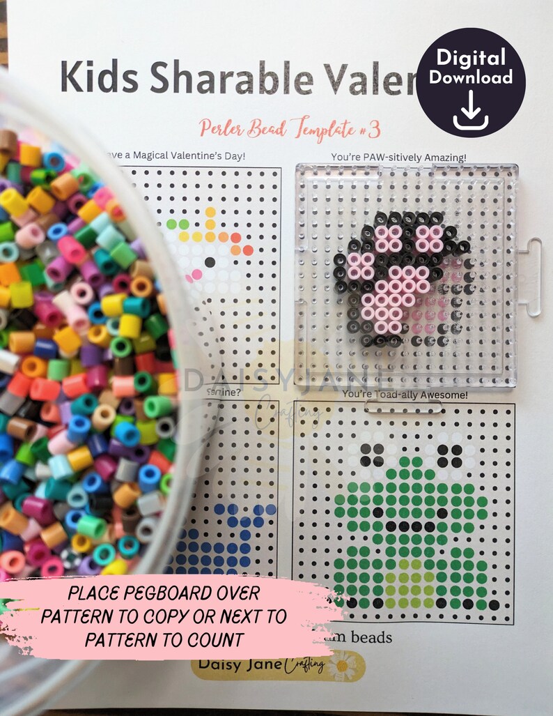 Kids Valentine's Perler Bead Patterns, Fuse Bead Printable (digital ...