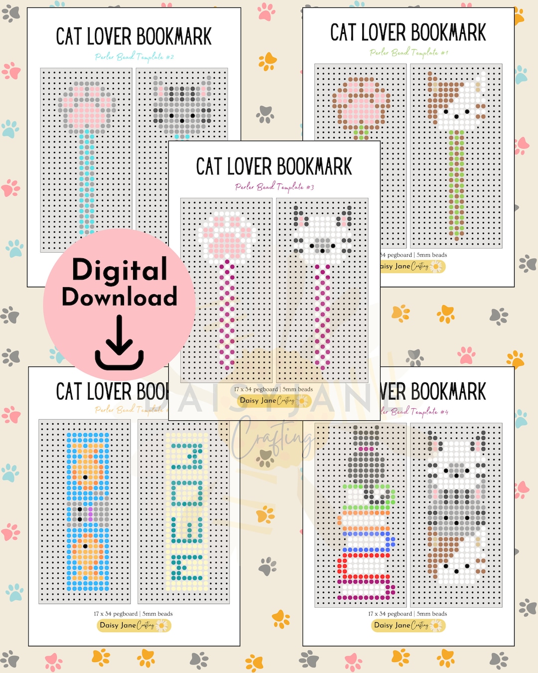 Cat Lover Bookmark Perler Bead, Hama Bead, Fuse Bead Bundle | Cats Paws ...