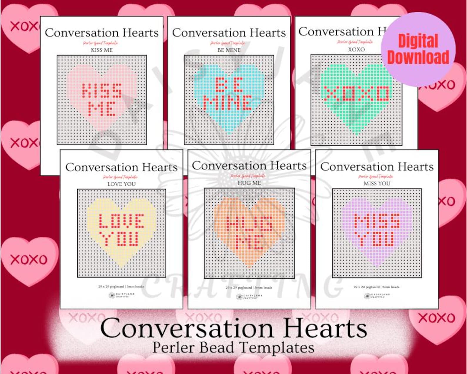 Conversation Hearts Valentine's Perler Bead Patterns, Kids Fuse Bead ...