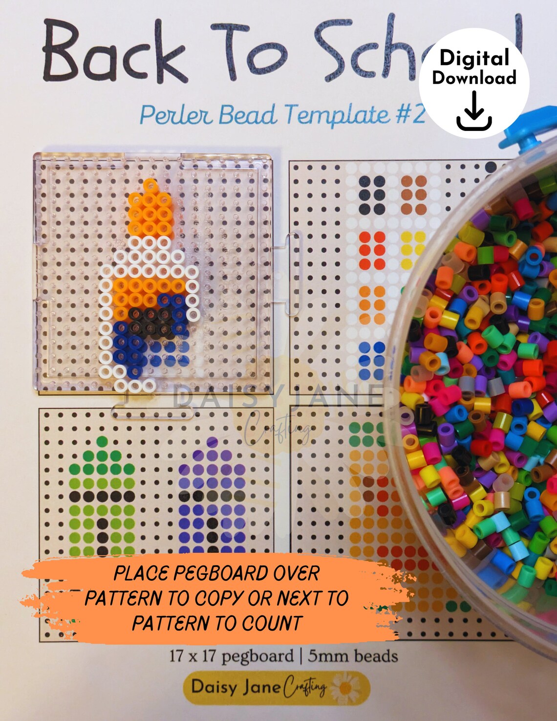 Back to School Perler Bead Patterns, School Bus, Apple (digital ...