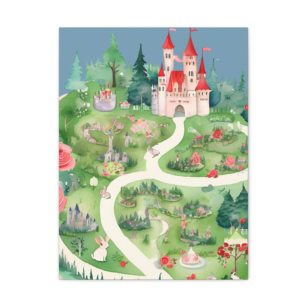 Pink Storybook Fairy Tale Map Wall Art Watercolor Castle Canvas Print ...