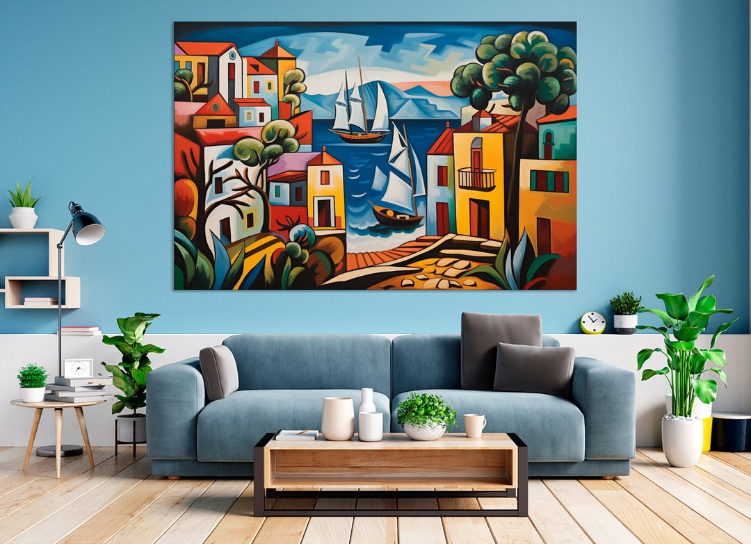 Sailboat Canvas Summer Wall Art Cubism Art Two Sailboats on the Marina ...