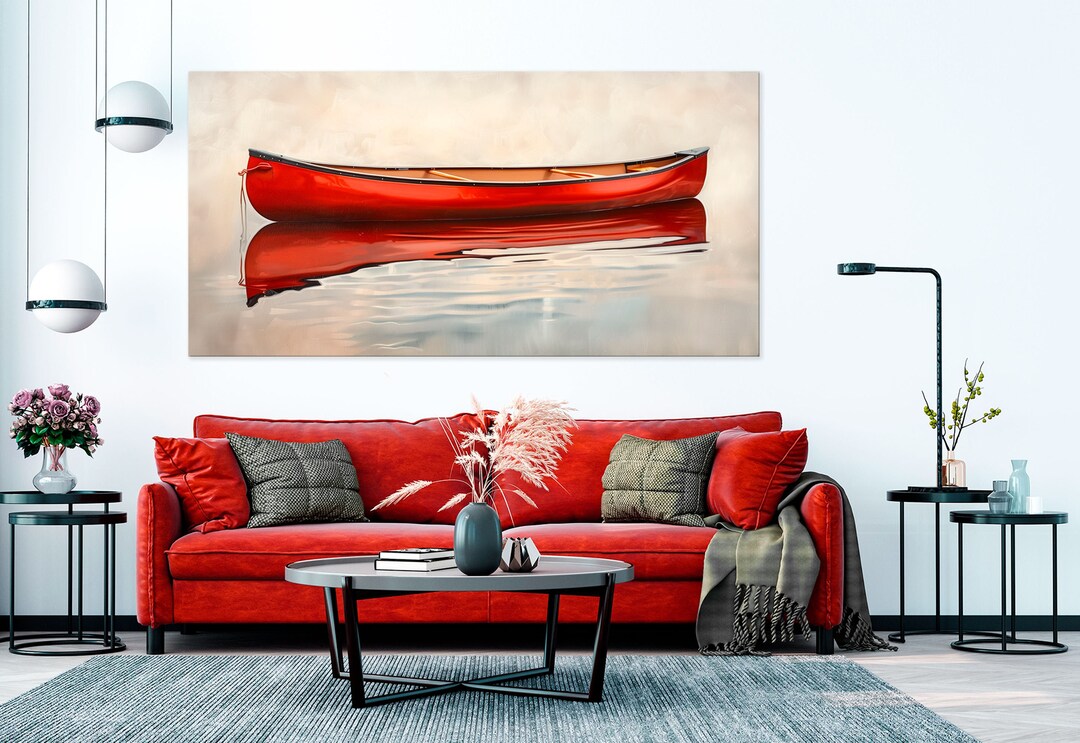 Canoe Canvas Print Red Canoe Wall Art Calm Water Print Kayaking Wall ...