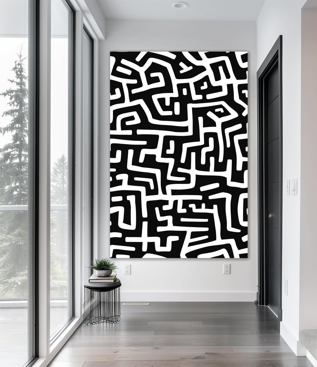 Maze Art Canvas Print Abstract Labyrinth Wall Art Black White Artwork ...
