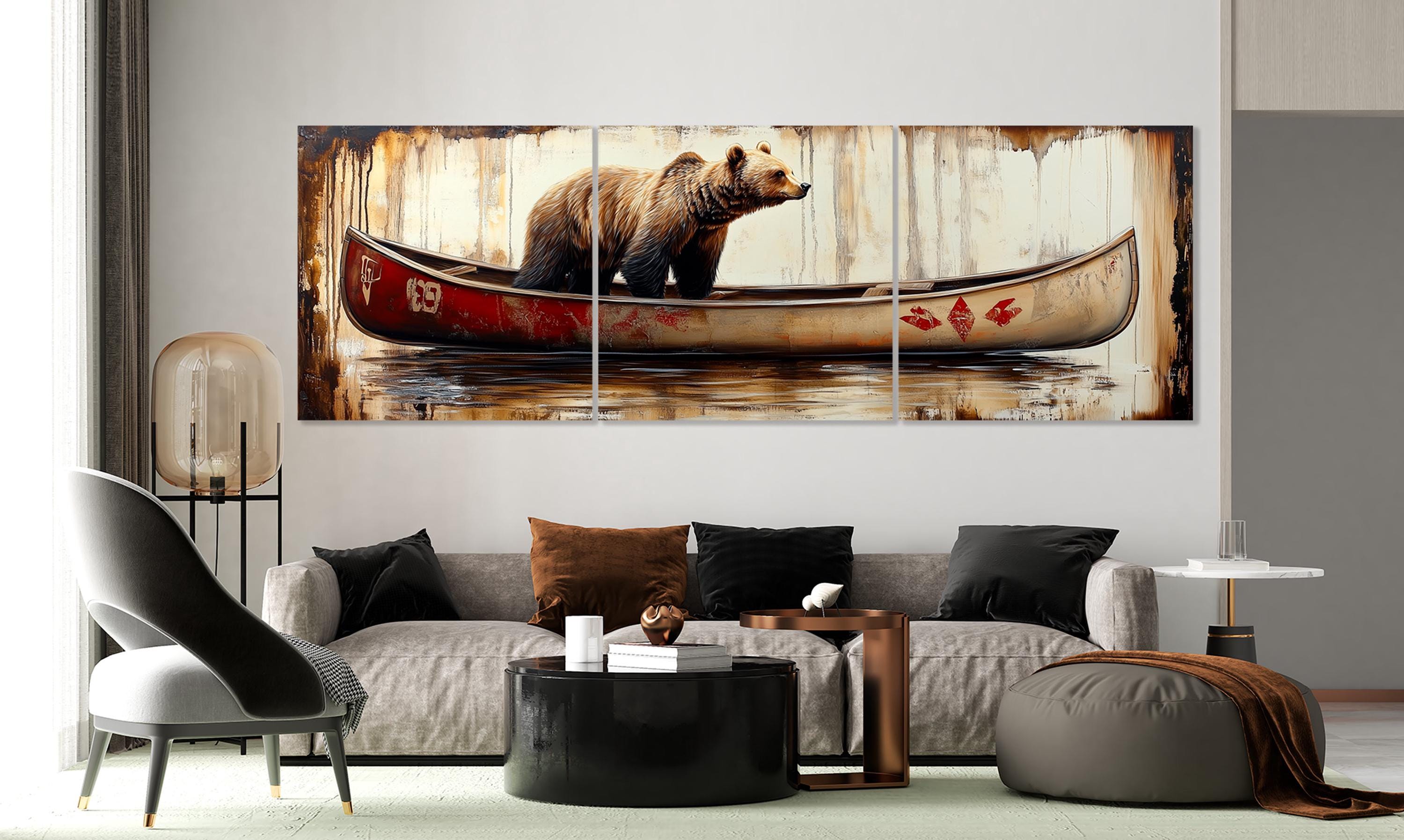 Grizzly Bear Canoe Canvas Print, Rustic Cabin Wall Art - Etsy
