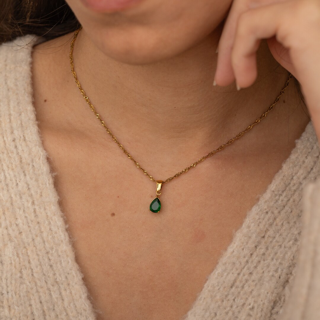 Teardrop Emerald Necklace Dainty Gemstone Necklace Birthstone Jewelry ...