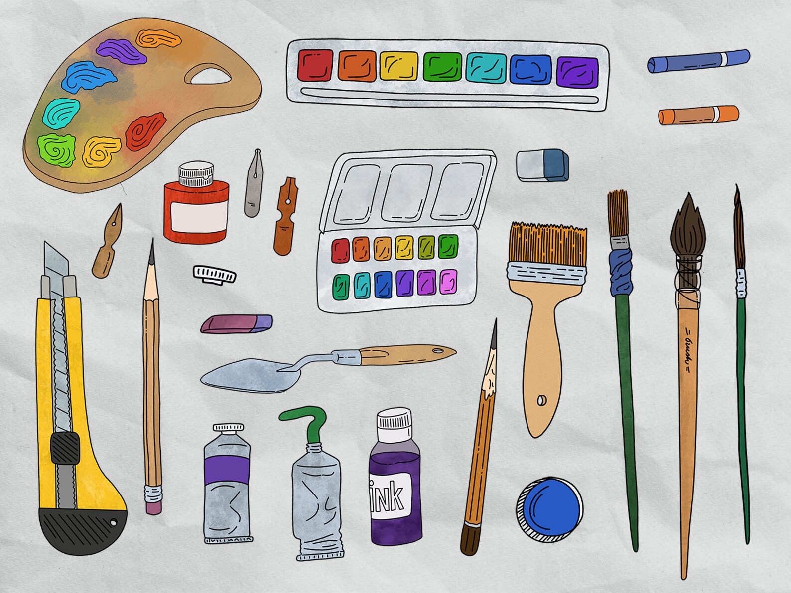Stationary School Art Supplies, Clipart, Digitalart, Brush, Colors ...