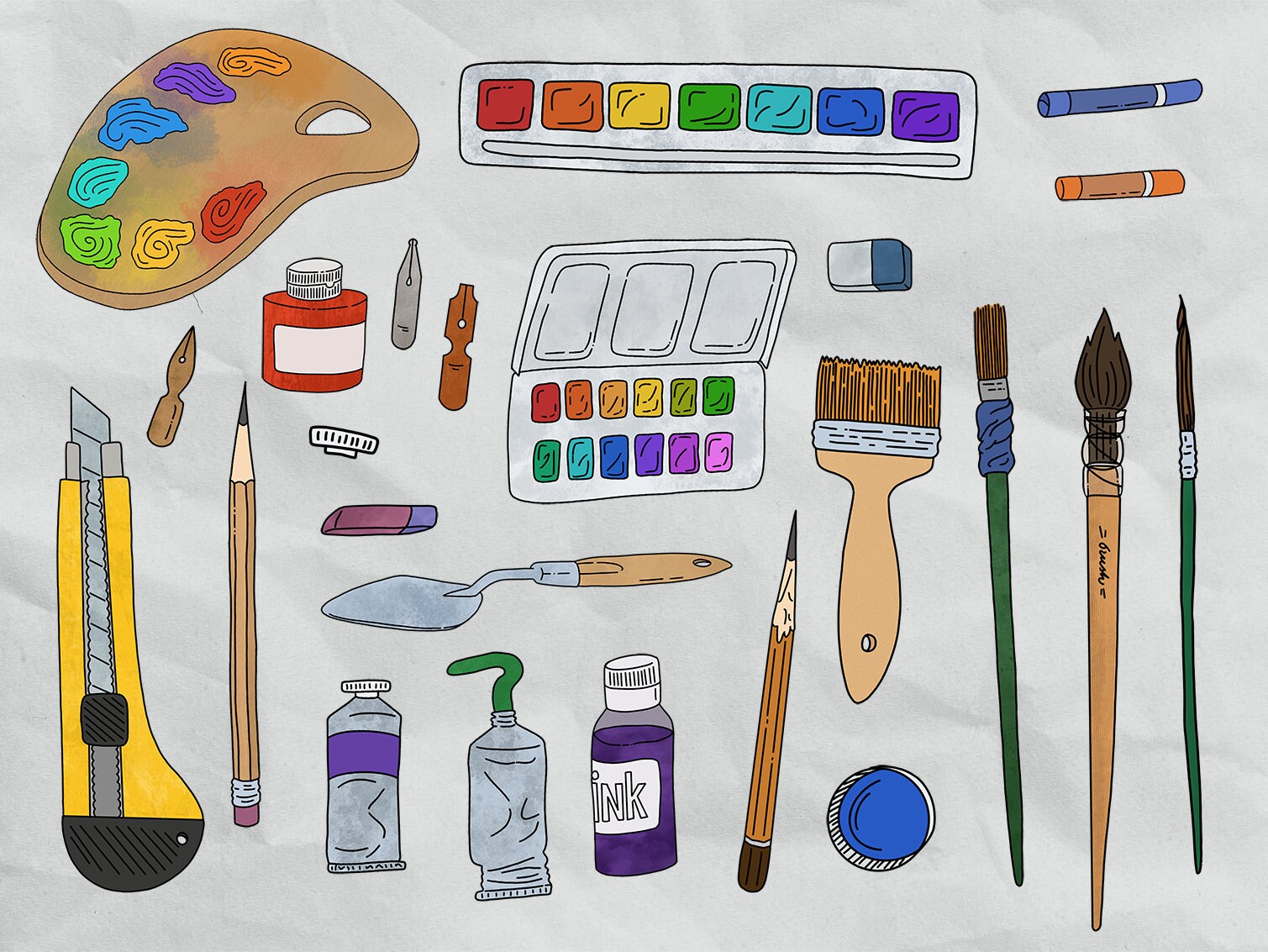 Stationary School Art Supplies, Clipart, Digitalart, Brush, Colors ...