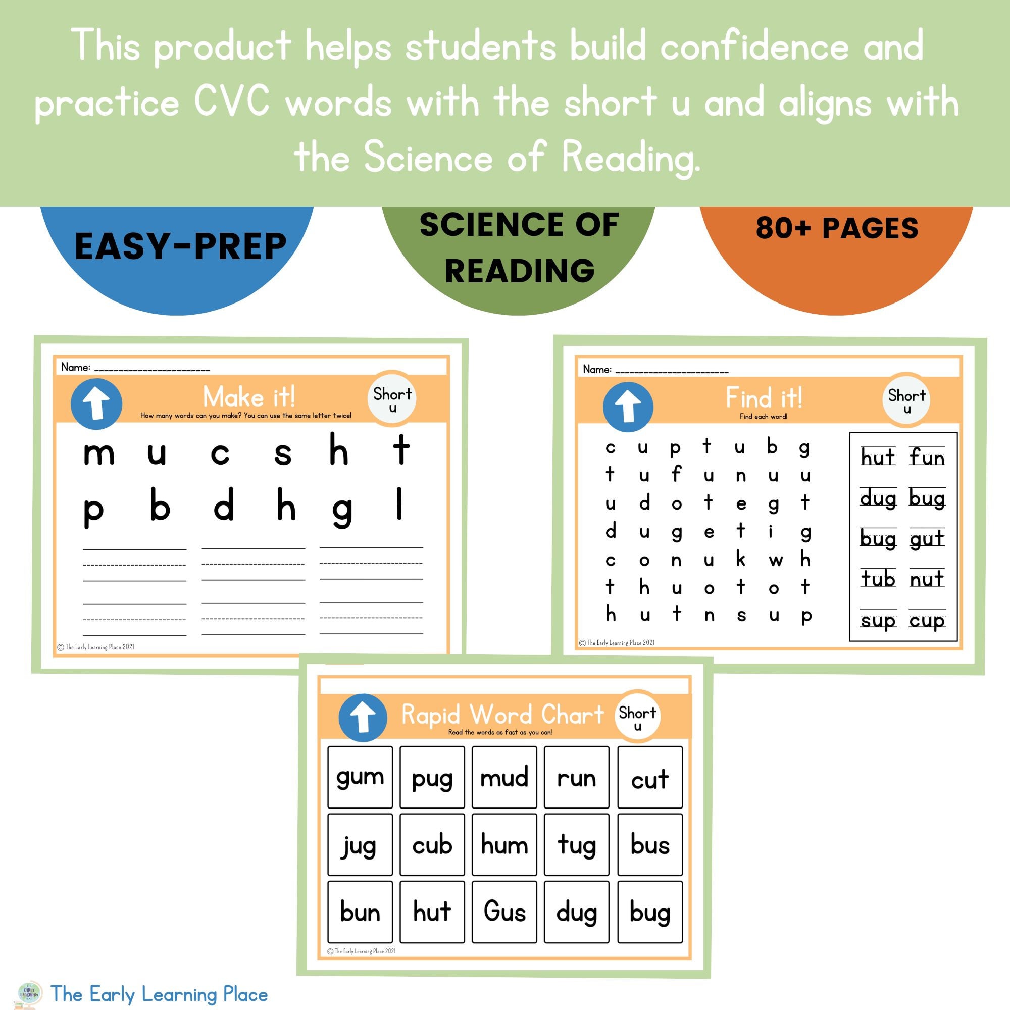 Short Vowel CVC Worksheets and Activities Short U Science of Reading ...