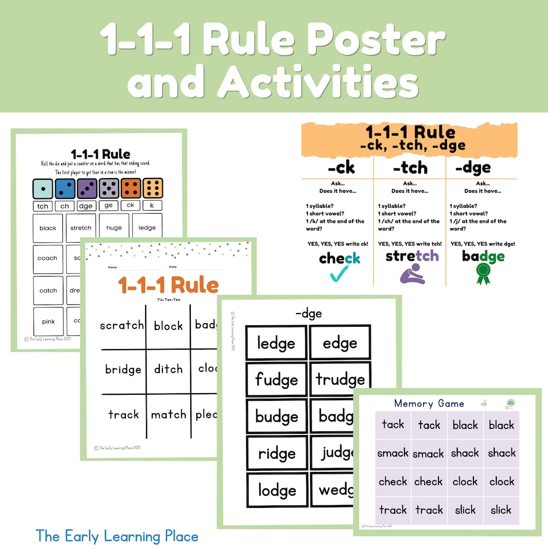 1-1-1 Rule Poster and Activities | -tch | -dge | -ck | Spelling Rule - Etsy