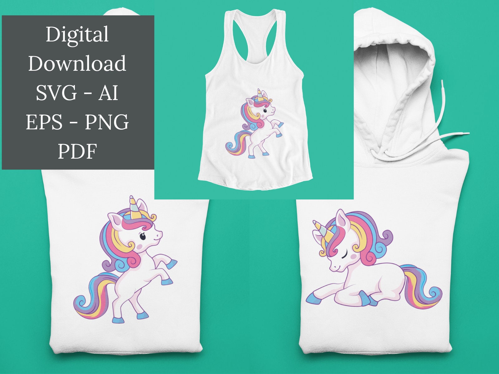 Unicorn Clip Art Bundle - 3 Full Color Rainbow Designs - DXF, EPS, Ai ...