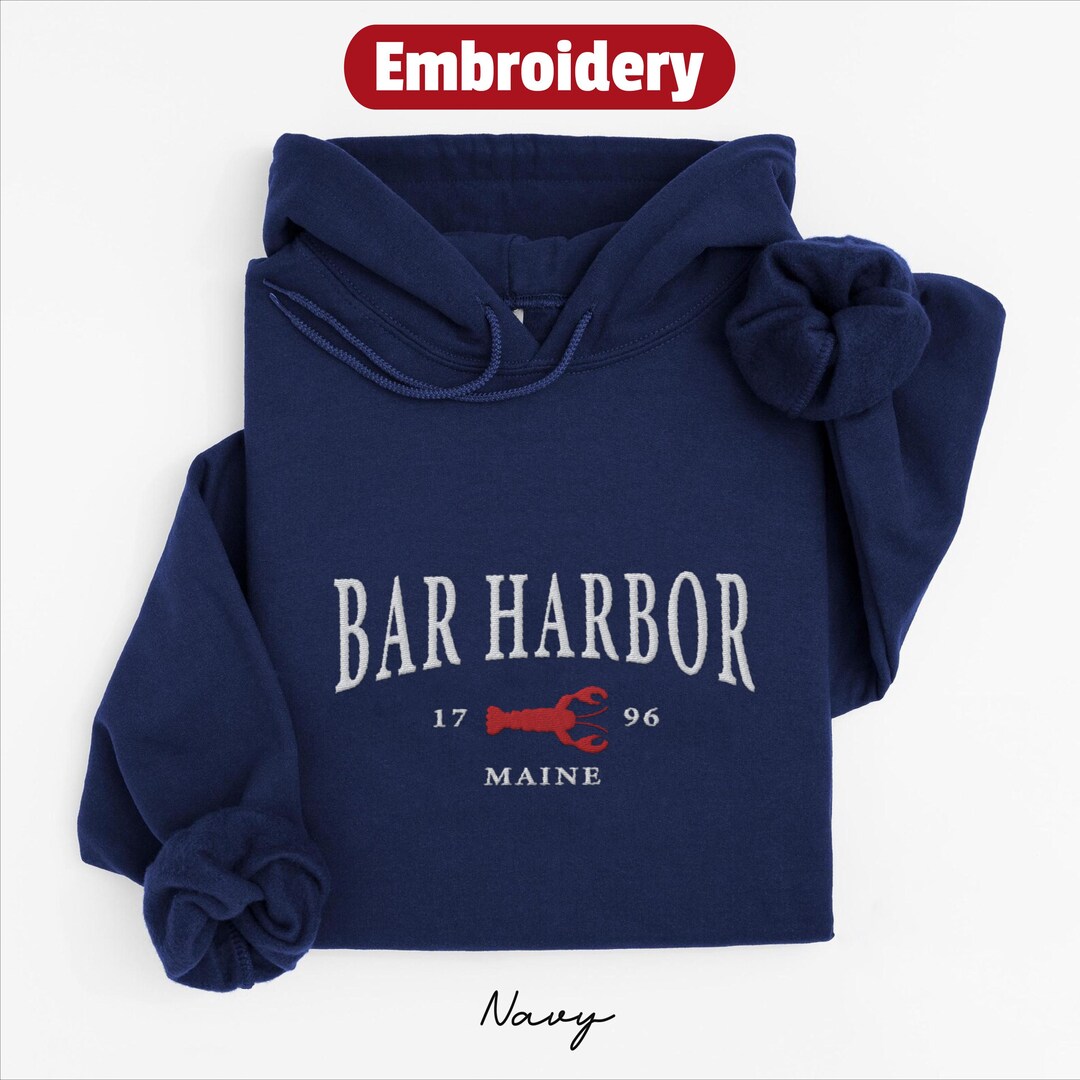 Bar Harbor Embroidery Hoodie, Maine Lobster Hooded Sweatshirt, Acadia ...