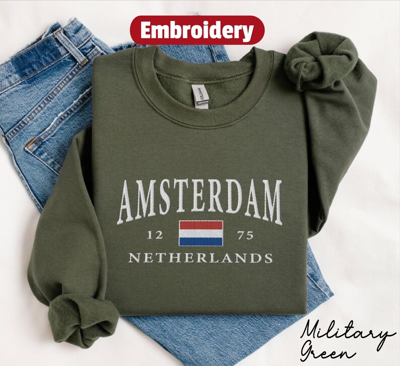 Amsterdam Embroidered Sweatshirt, Netherlands Flag Embroidery Crewneck ...