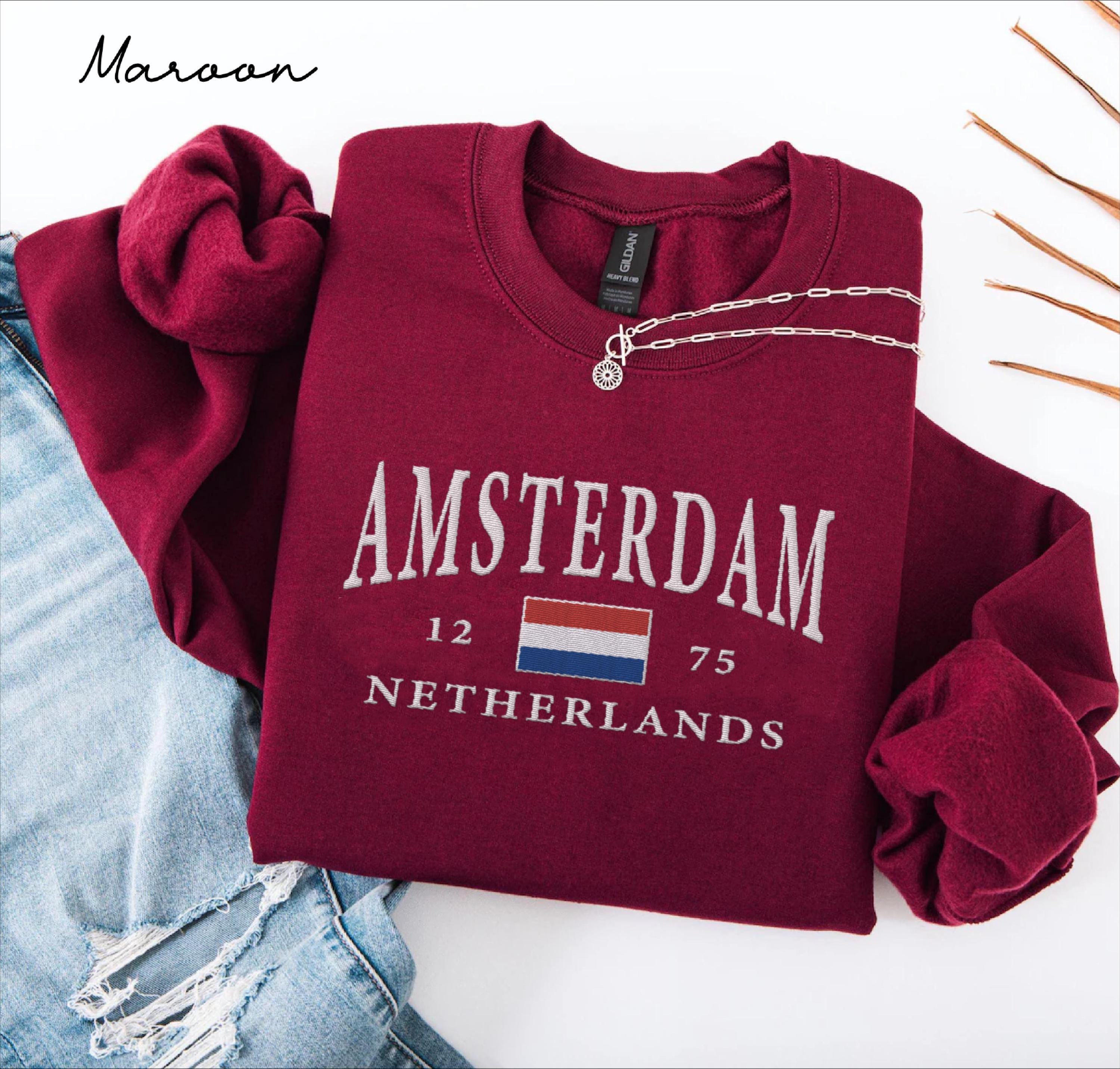 Amsterdam Embroidered Sweatshirt, Netherlands Flag Embroidery Crewneck ...