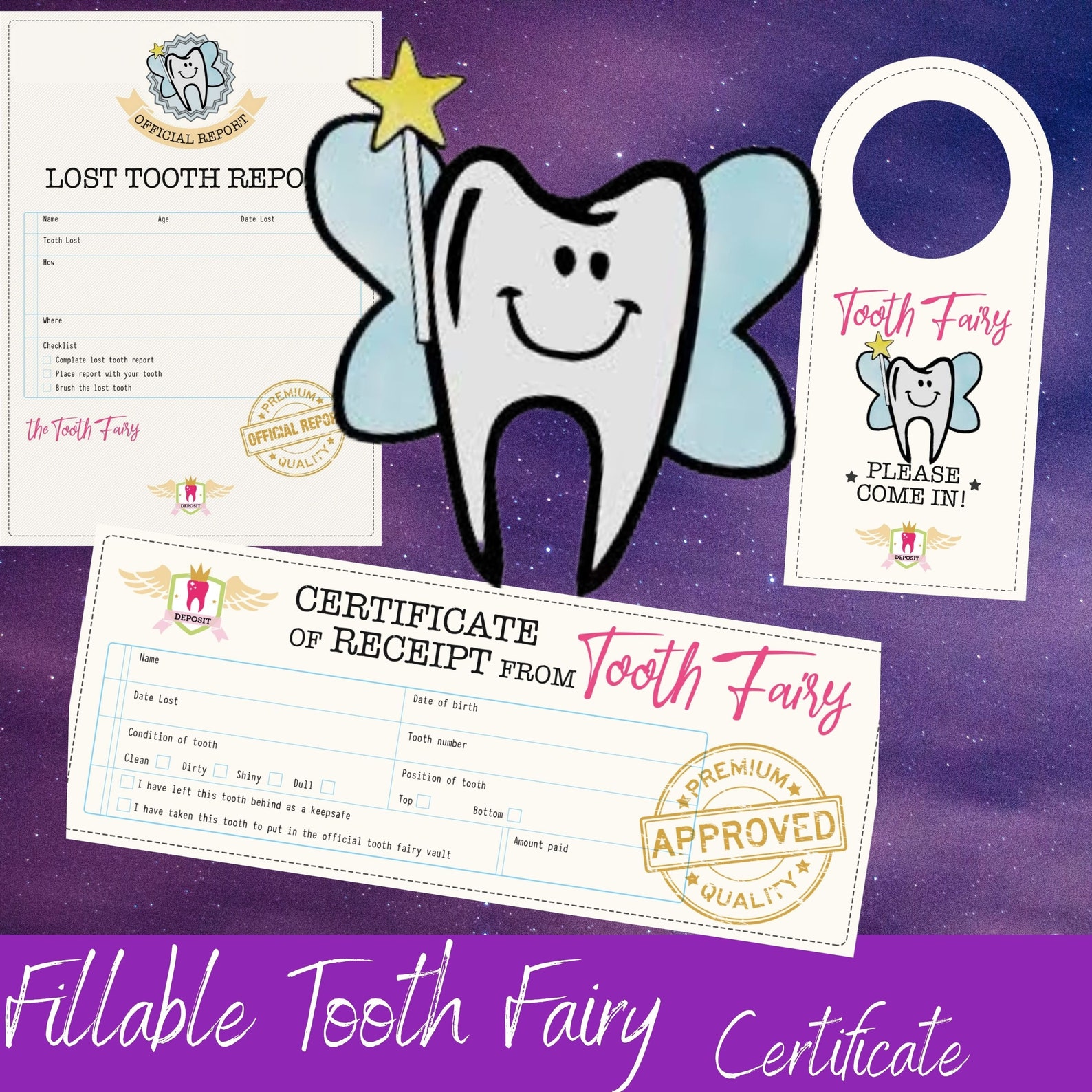Tooth Fairy Receipt Editable, Printable Certificate Tooth Record Chart ...