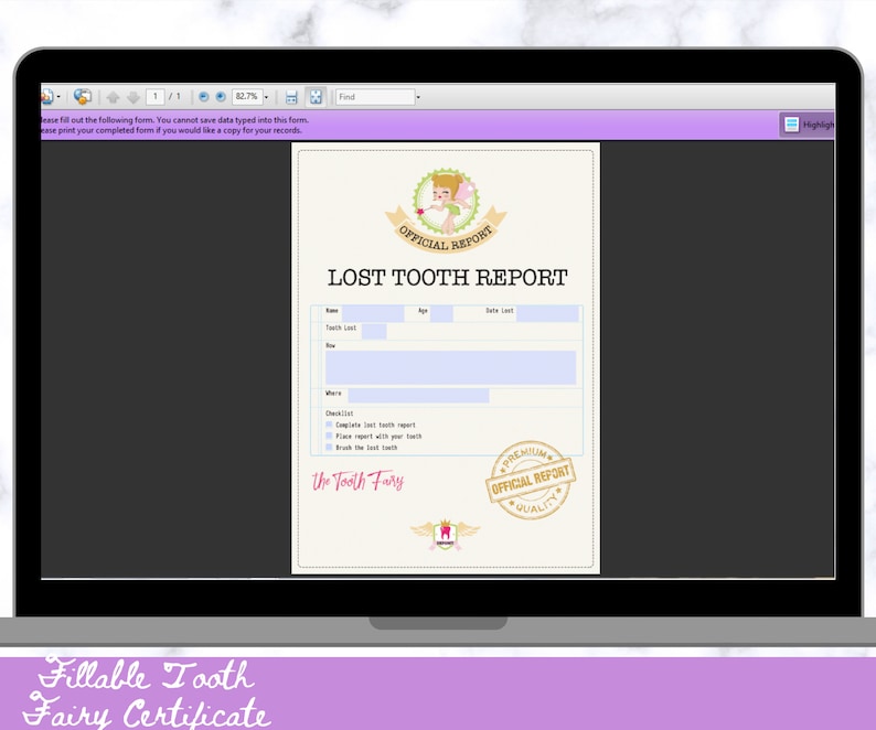 Tooth Fairy Receipt Editable, Printable Certificate Tooth Record Chart ...