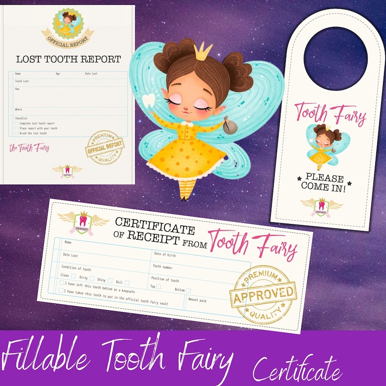 Tooth Fairy Receipt Editable, Printable Certificate Tooth Record Chart ...