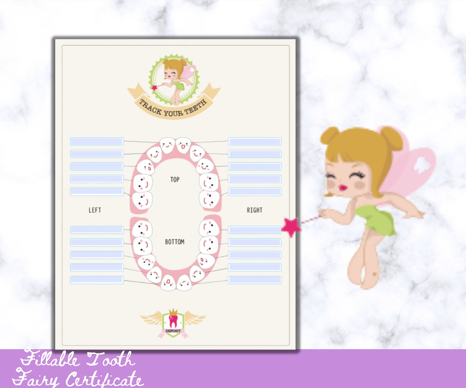 Tooth Fairy Receipt Editable, Printable Certificate Tooth Record Chart ...