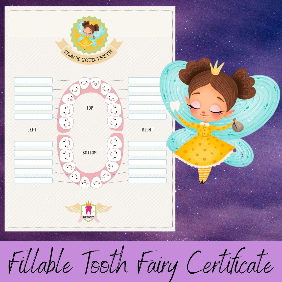 Tooth Fairy Receipt Editable, Printable Certificate Tooth Record Chart ...