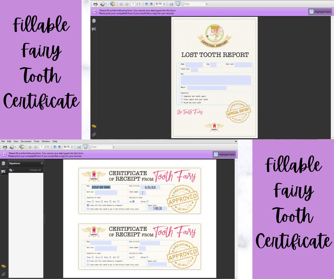 Tooth Fairy Receipt Editable, Printable Certificate Tooth Record Chart ...