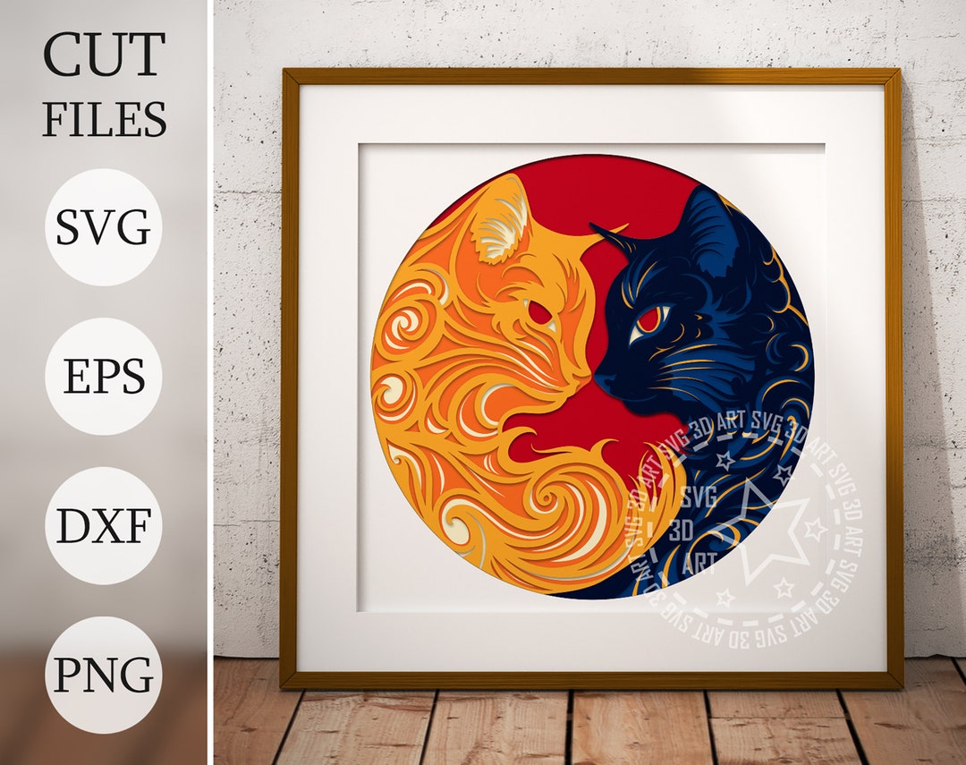 Yinyang Cats 3d Shadow Box SVG, Animals, Cat Svg, Layered Files for ...