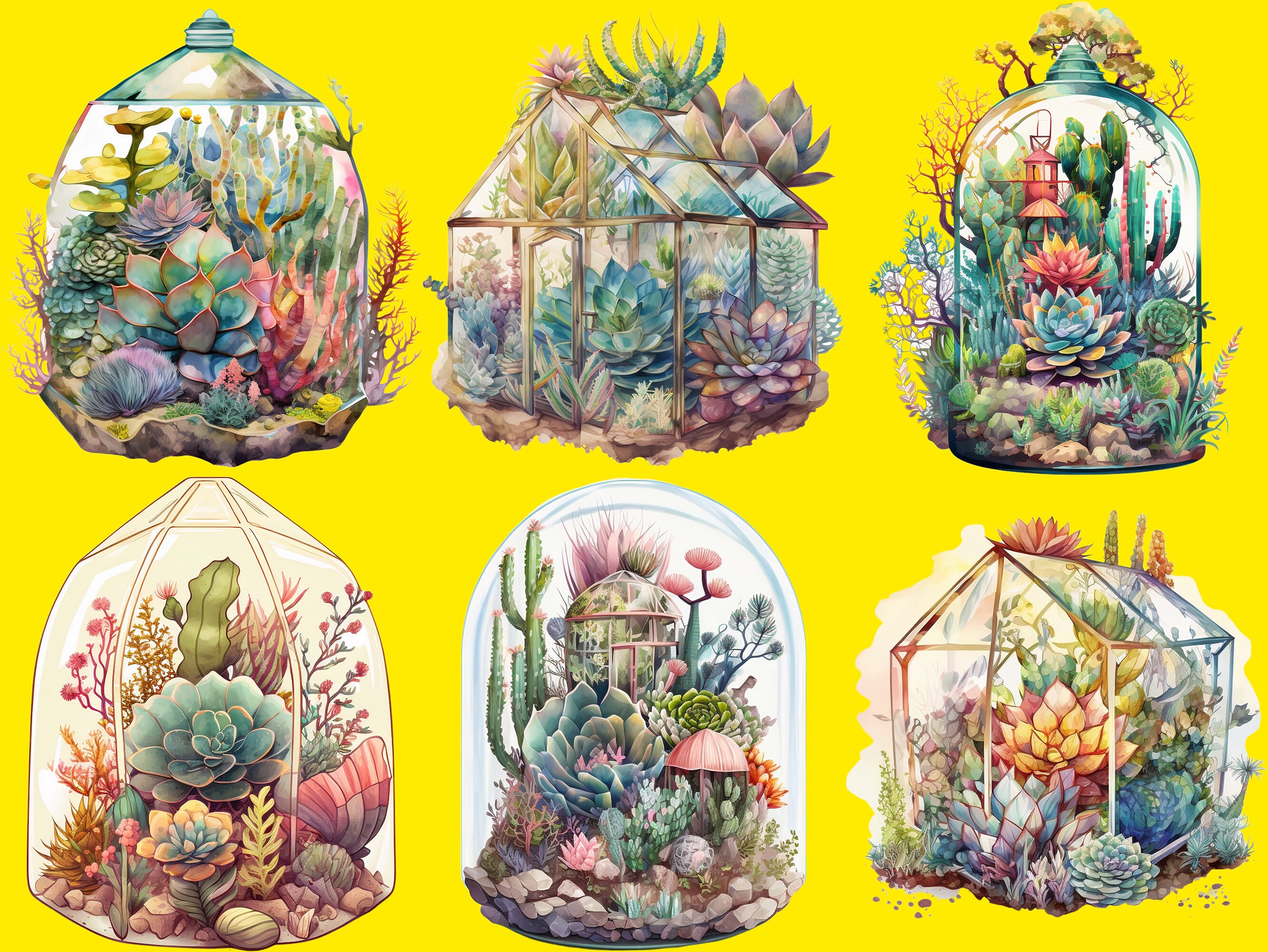 Watercolor Succulent Terrarium PNG Clipart Bundle House - Etsy