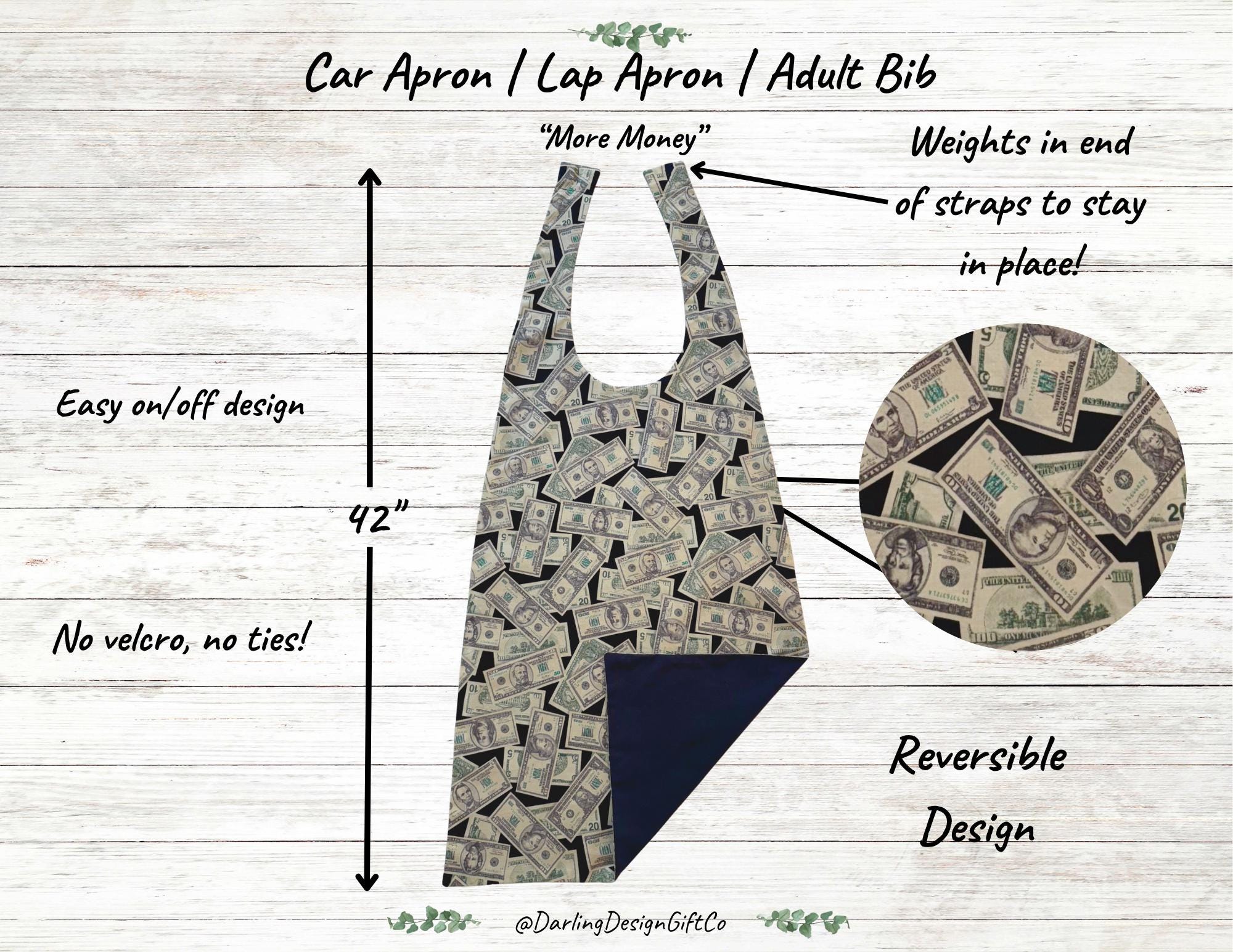 Money Print Adult Bib & Car Apron: Weighted Straps, Easy On/off - Etsy