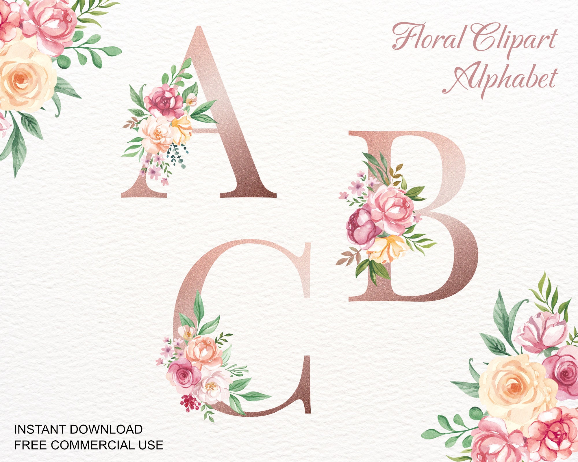 Watercolor Floral Alphabet Clipart Monogram Initials PNG - Etsy