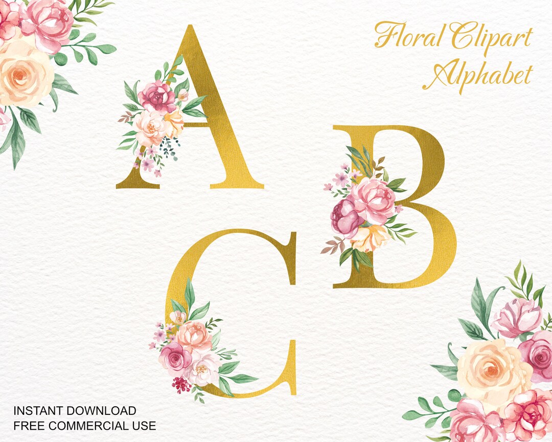 Watercolor Floral Alphabet Clipart, Monogram Initials PNG, Boho Letters ...